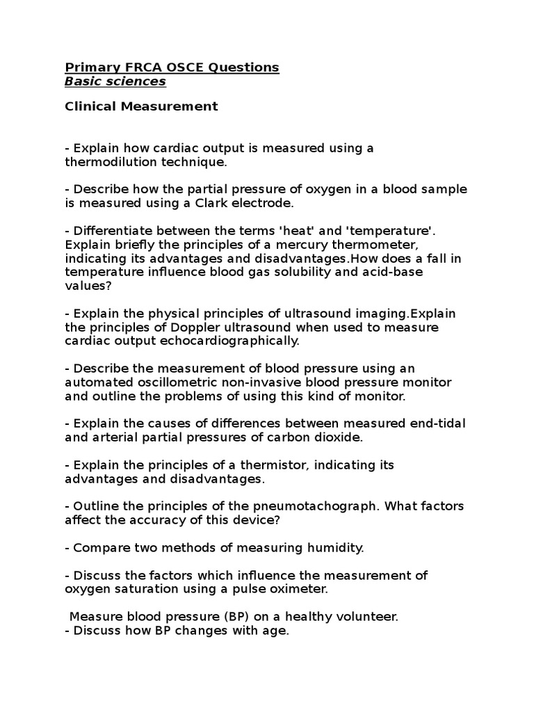 Primary FRCA OSCE Questions | PDF | Blood Pressure | Medicine