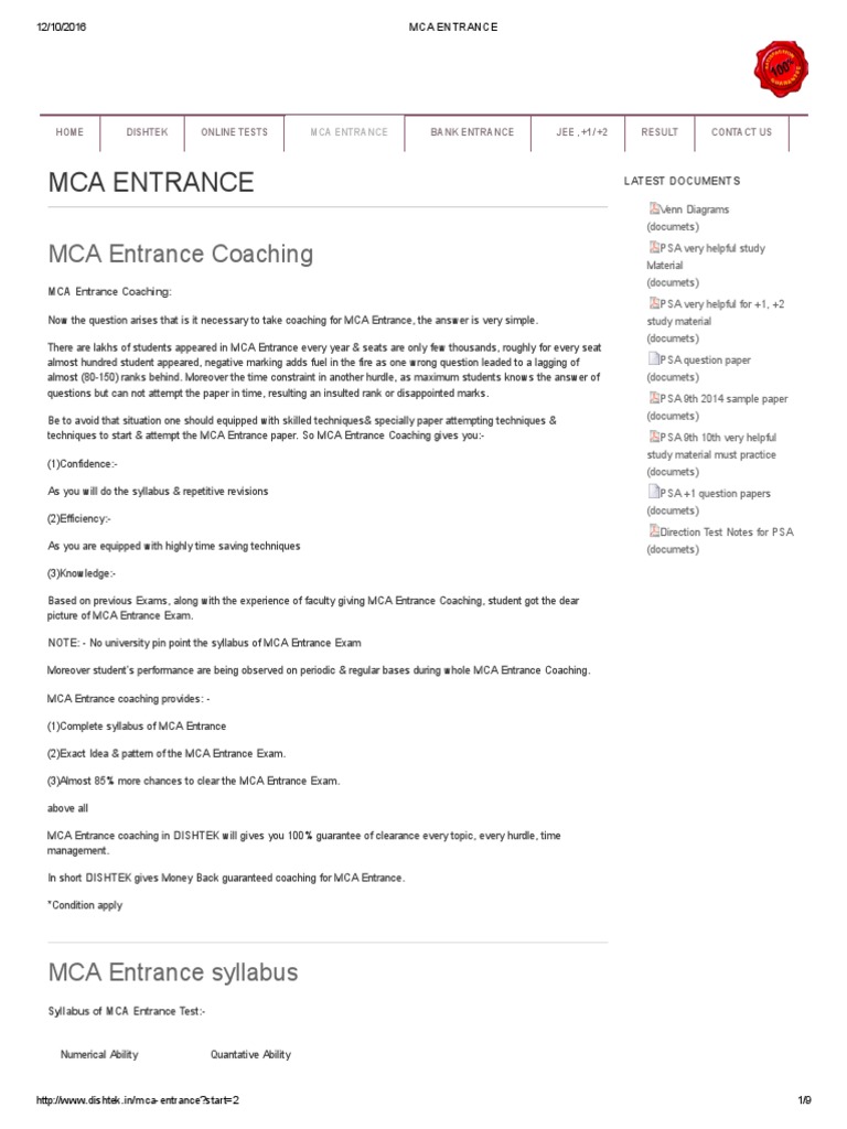 Mca Entrance | Download Free PDF | Equations | Matrix (Mathematics)