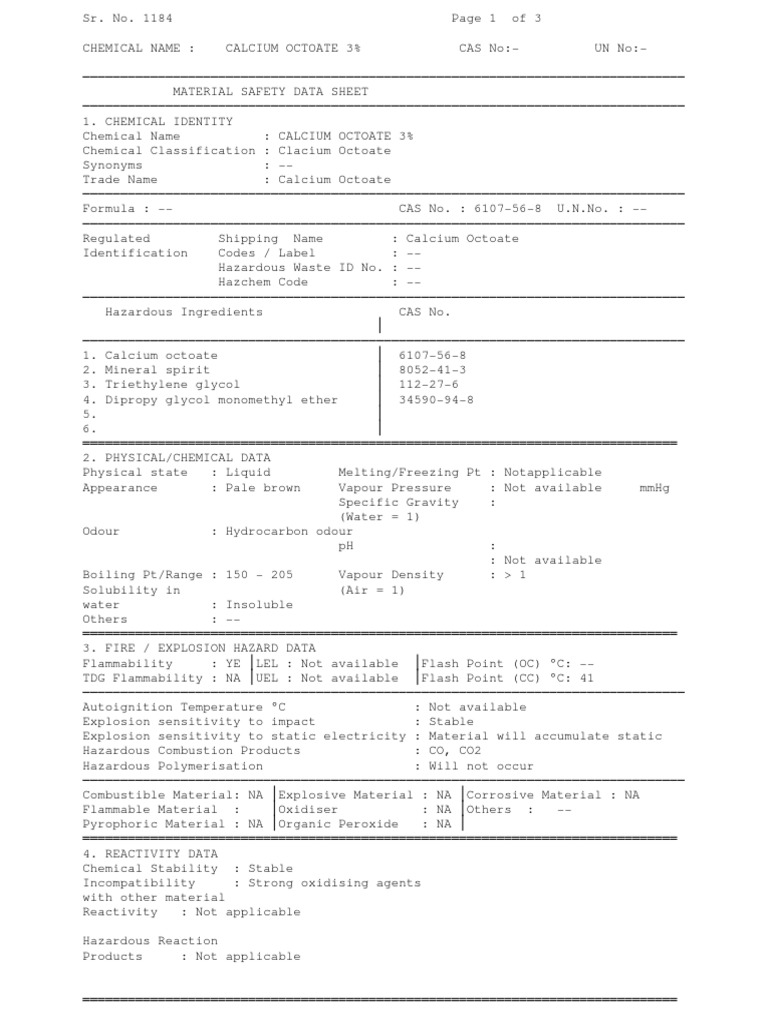 Calcium Octoate 3% | PDF | Chemistry | Materials
