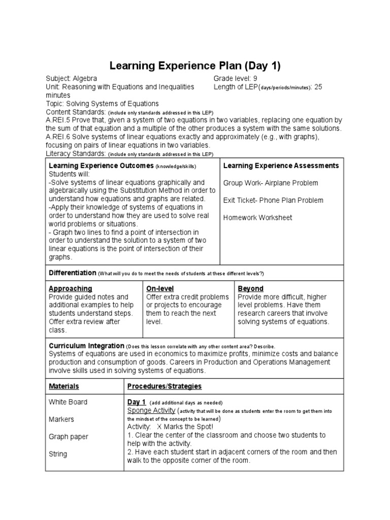 Learning Experience Plan (Day 1) | Download Free PDF | Equations ...