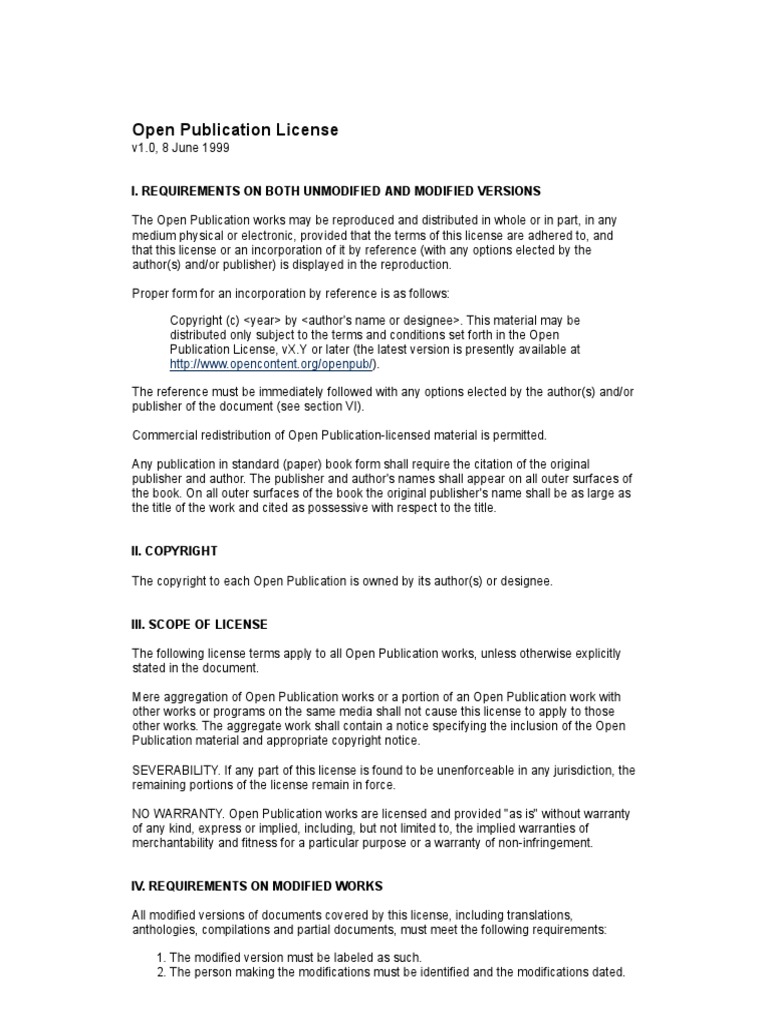 Open Publication License: I. Requirements On Both Unmodified and ...
