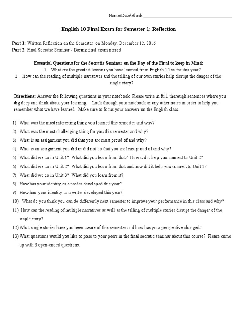English 10 Semester 1 Finalexam | PDF