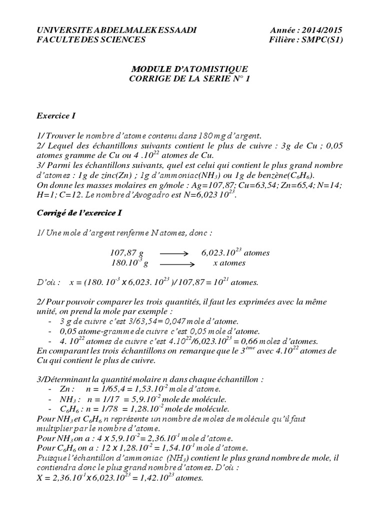 Corrigé de La Serie1.SMPC by ExoSup | PDF | Noyau atomique | Proton