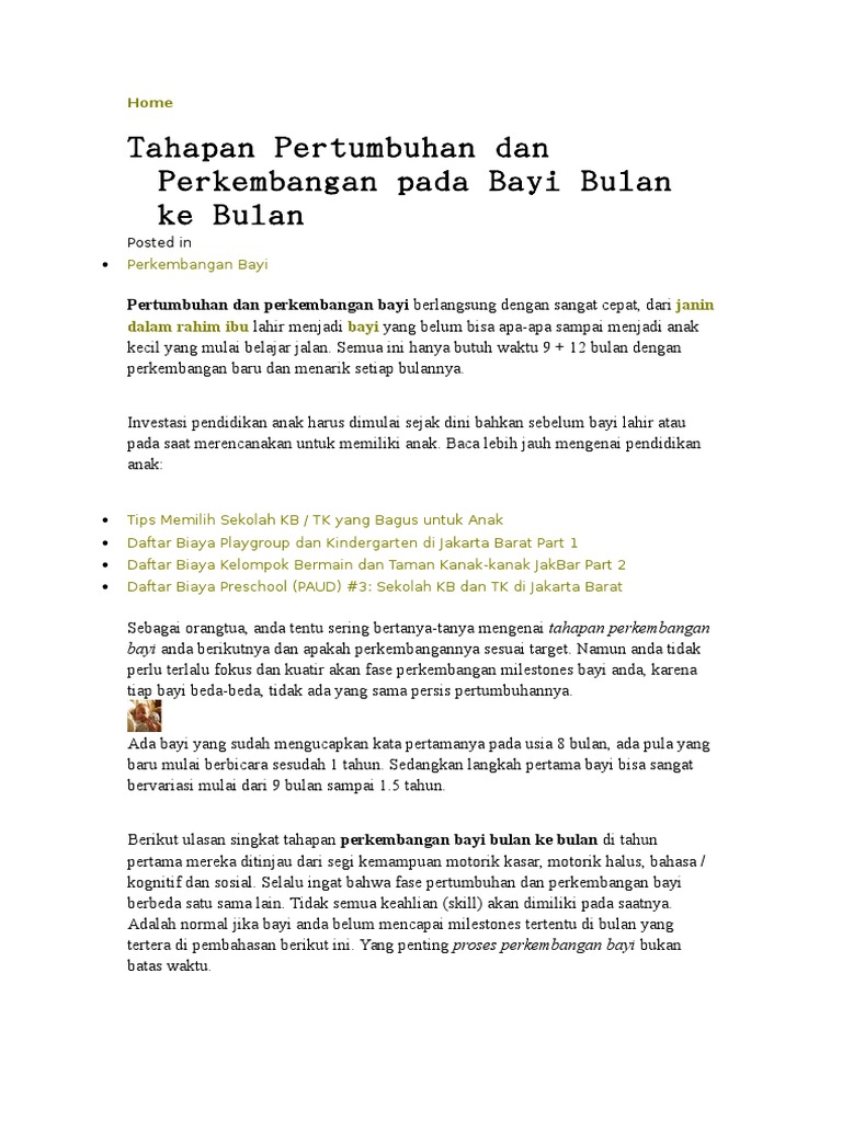 Tahapan Perkembangan Bayi Bulan ke Bulan | PDF
