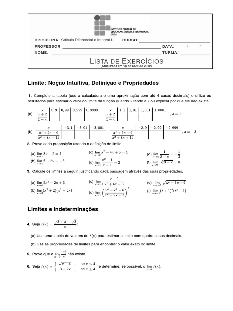 Lista de Exercícios-Limites (1) | Limite (Matemática) | Análise