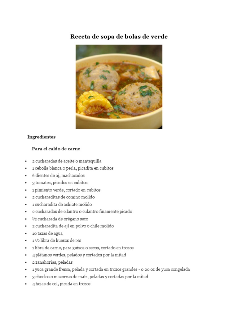 Receta de Sopa de Bolas de Verde | PDF | Cilantro | Caldo
