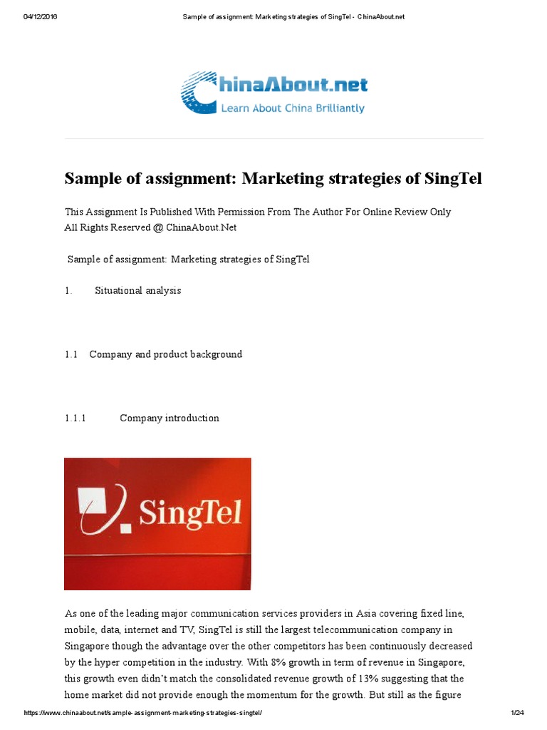 Sample of Assignment - Marketing Strategies of SingTel - ChinaAbout ...