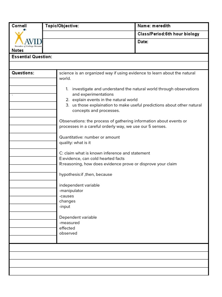 Biology Cornell Notes Guide | PDF | Career & Growth | Wellness