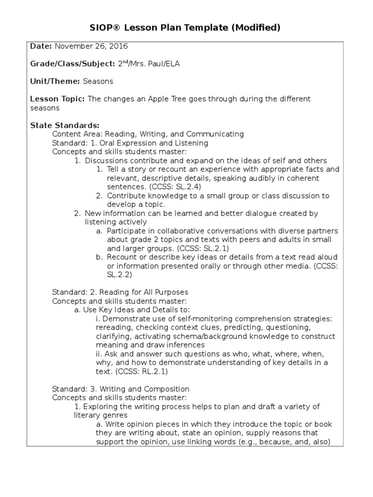 Siop Lesson Plan With Reflection | PDF | Lesson Plan | Neuropsychology