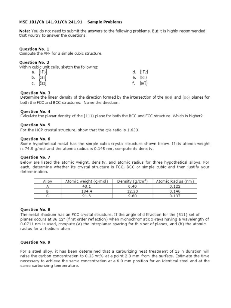 MSE 101 - Sample Problems | PDF