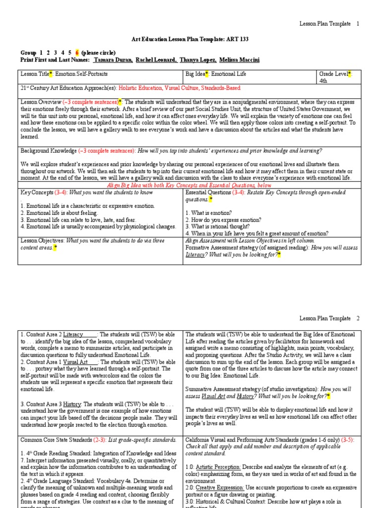 Art133finallessonplan Template | PDF | Lesson Plan | Vocabulary