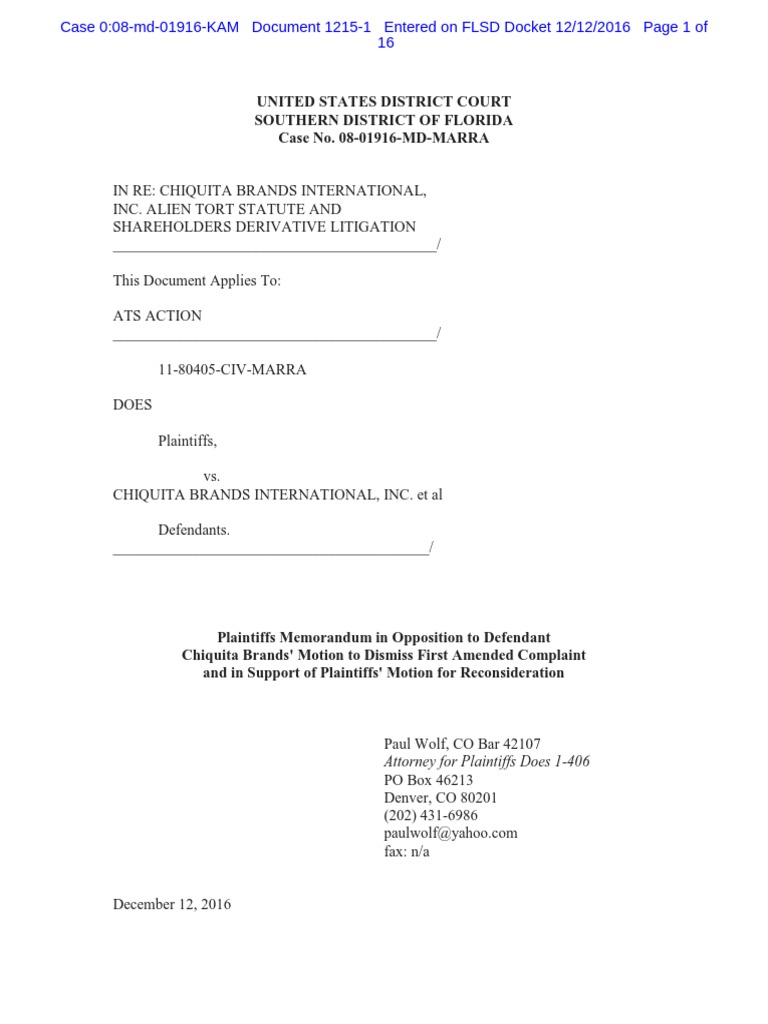 Chiquita Brands Litigation Opposition Memo | PDF | Tort | Crime & Violence