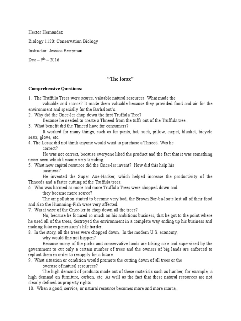 "The Lorax": Comprehensive Questions | PDF | Natural Environment