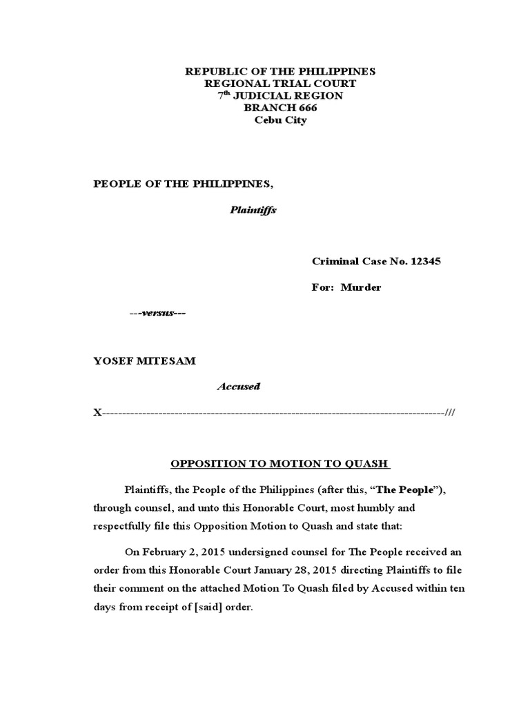 Opposition To Motion To Quash | PDF | Arrest | Probable Cause