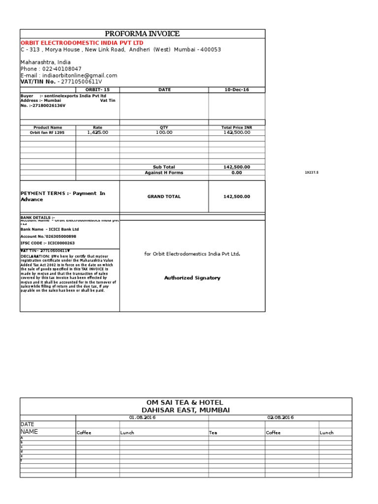 Proforma Invoice: VAT/TIN No. - 27710500611V | PDF | Invoice | Value ...