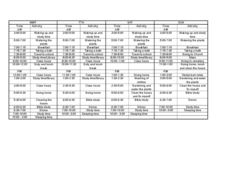 AM AM AM AM: MWF TTH SAT SUN Time Activity Time Activity Time Activity ...