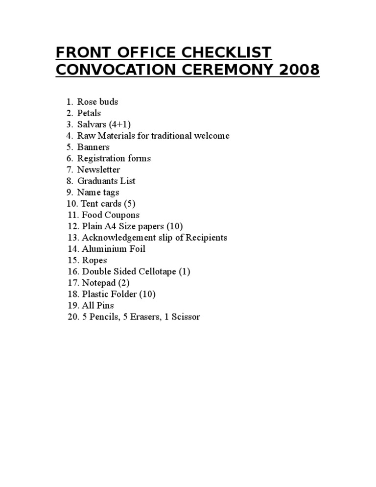 Front Office Checklist Convocation Ceremony 2008 | PDF