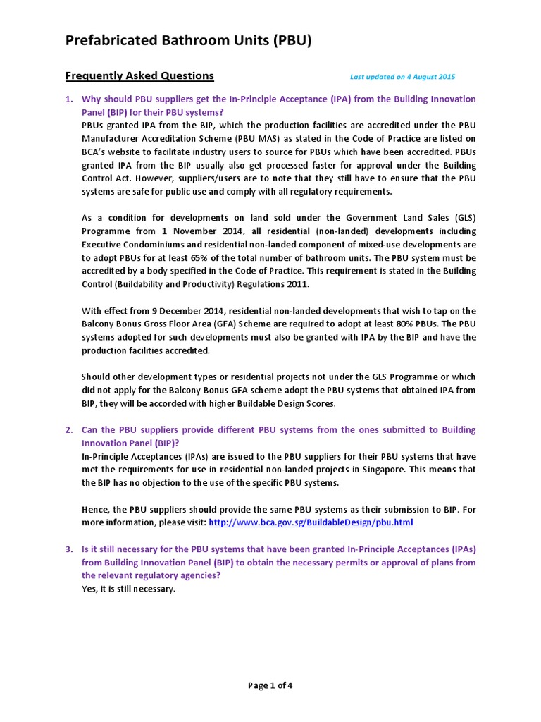 Prefabricated Bathroom Units (PBU) : Frequently Asked Questions | PDF