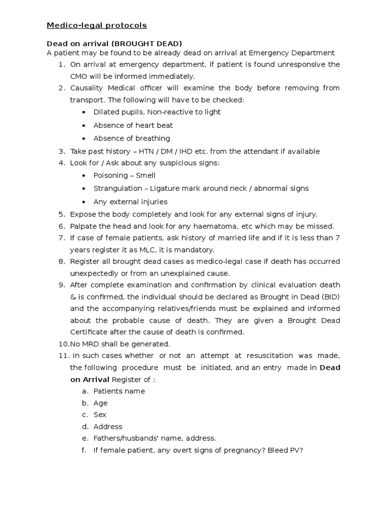Medico-Legal Protocols: Dead On Arrival (BROUGHT DEAD) | PDF | Death ...