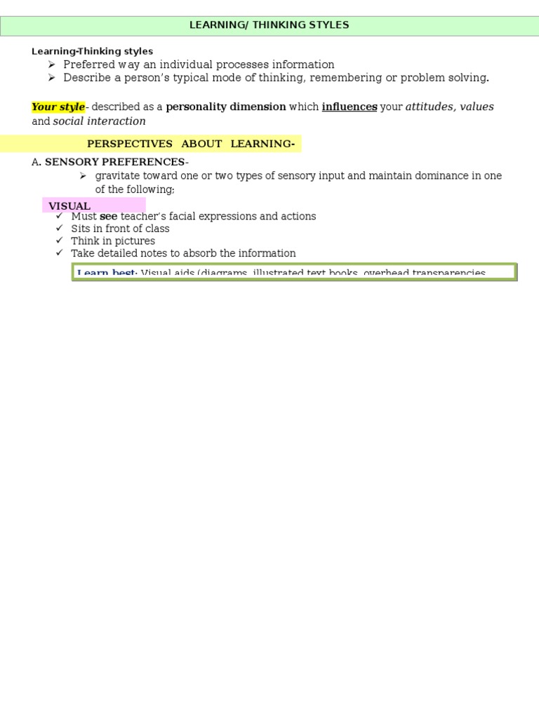Learning and Thinking Styles | PDF | Thought | Lateralization Of Brain ...
