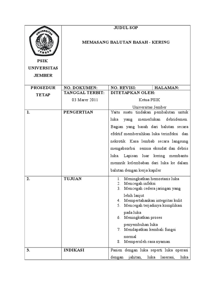 SOP Memasang Balutan Basah - Kering (Perawatan Luka) | PDF