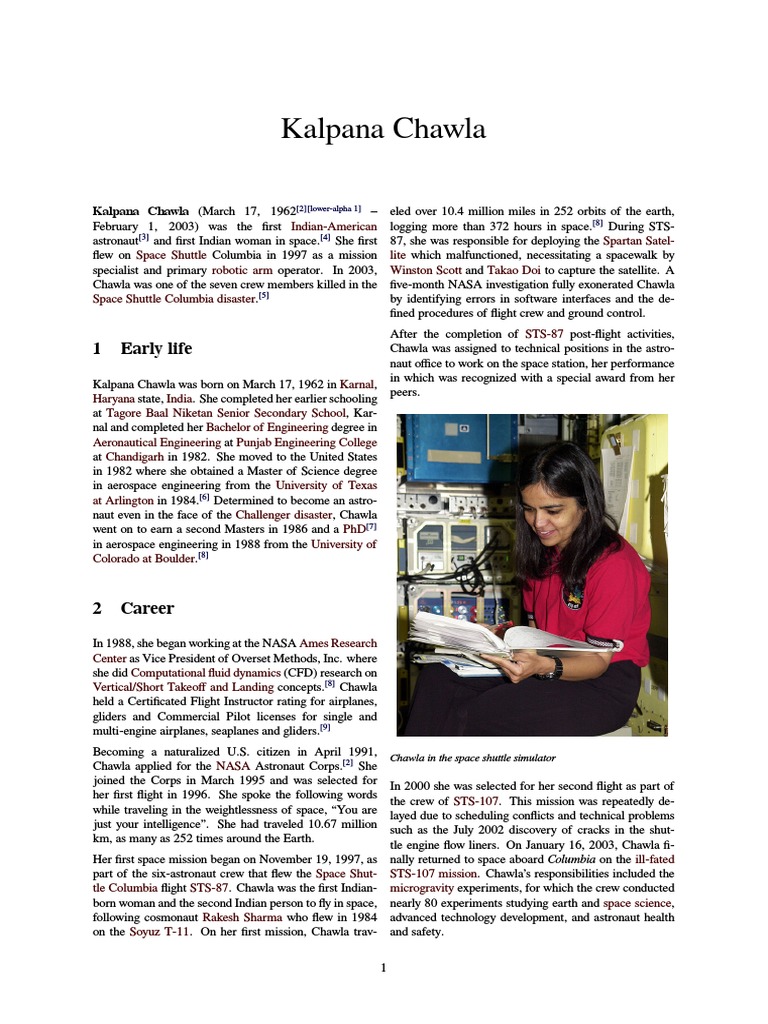 Kalpana Chawla: 1 Early Life | PDF | Spaceflight | Space Exploration