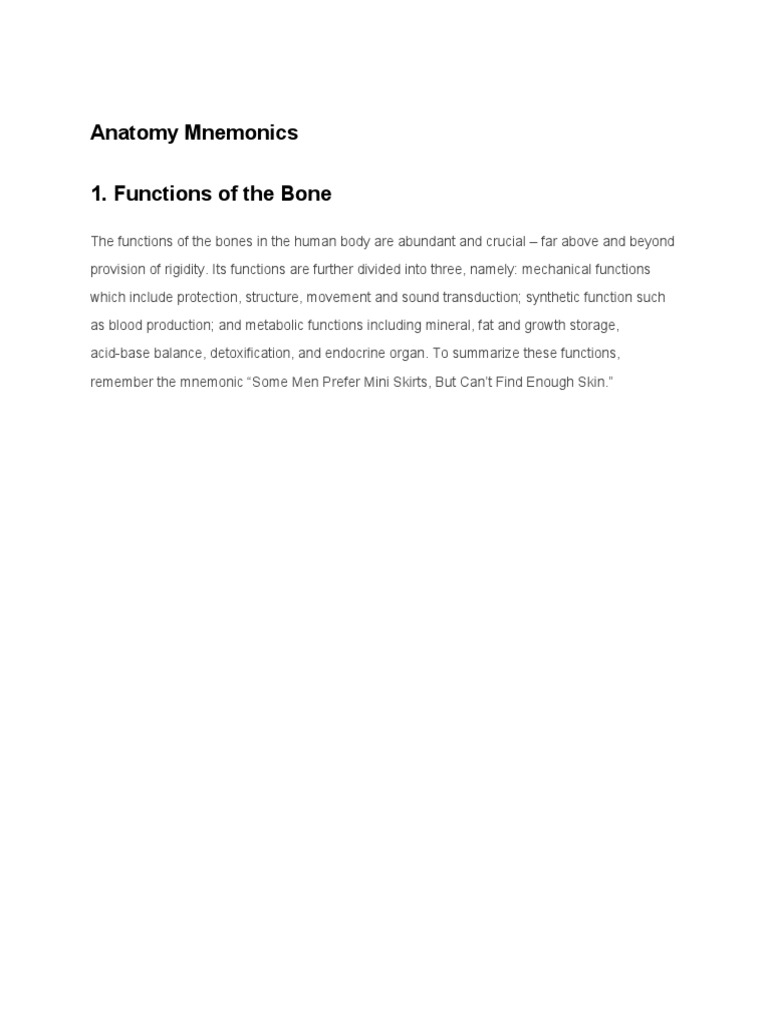 Anatomy Mnemonics 1. Functions of The Bone | PDF