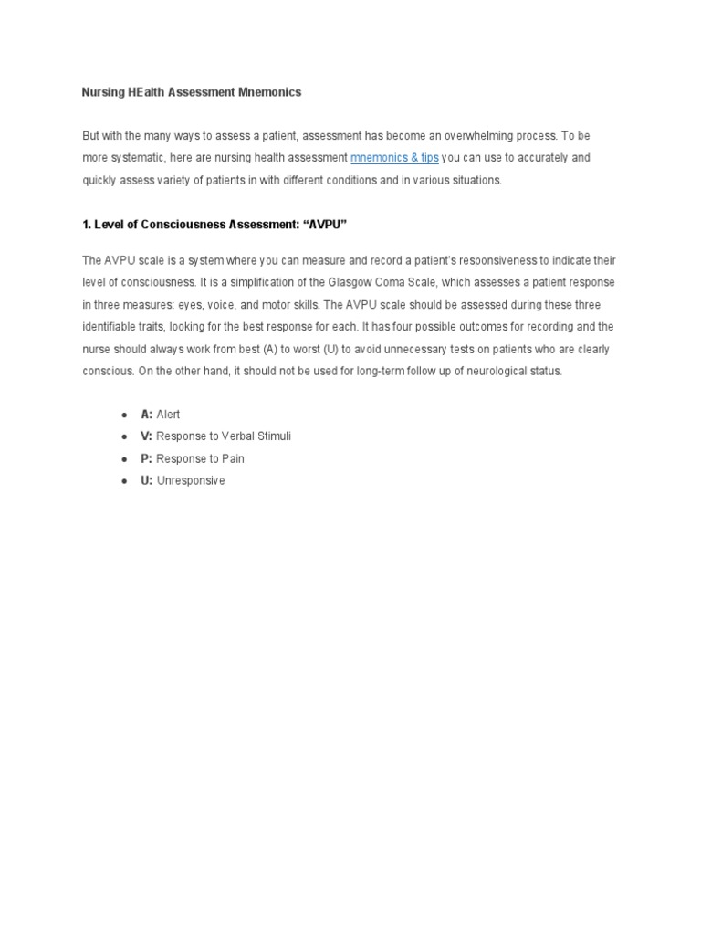 Assessment Mnemonics | Download Free PDF | Breast Cancer | Coma