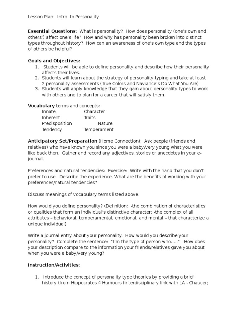 Unit 1A - Lesson Plan - Personality Types | PDF | Lesson Plan ...