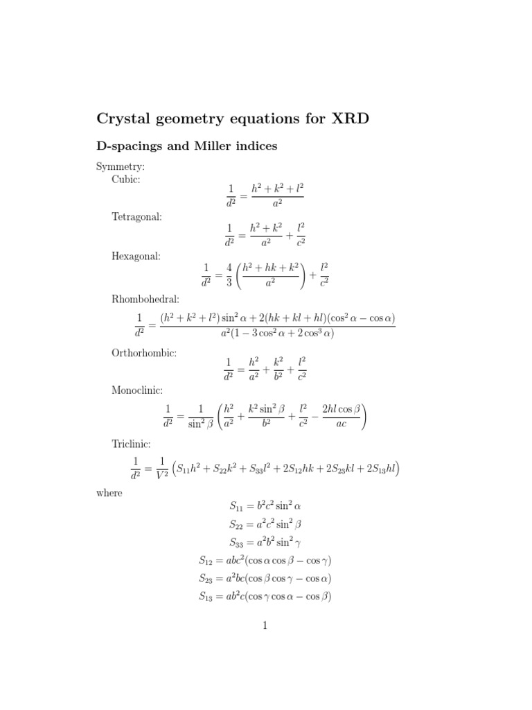 Crystal Geometry Equations For XRD: D-Spacings and Miller Indices | PDF