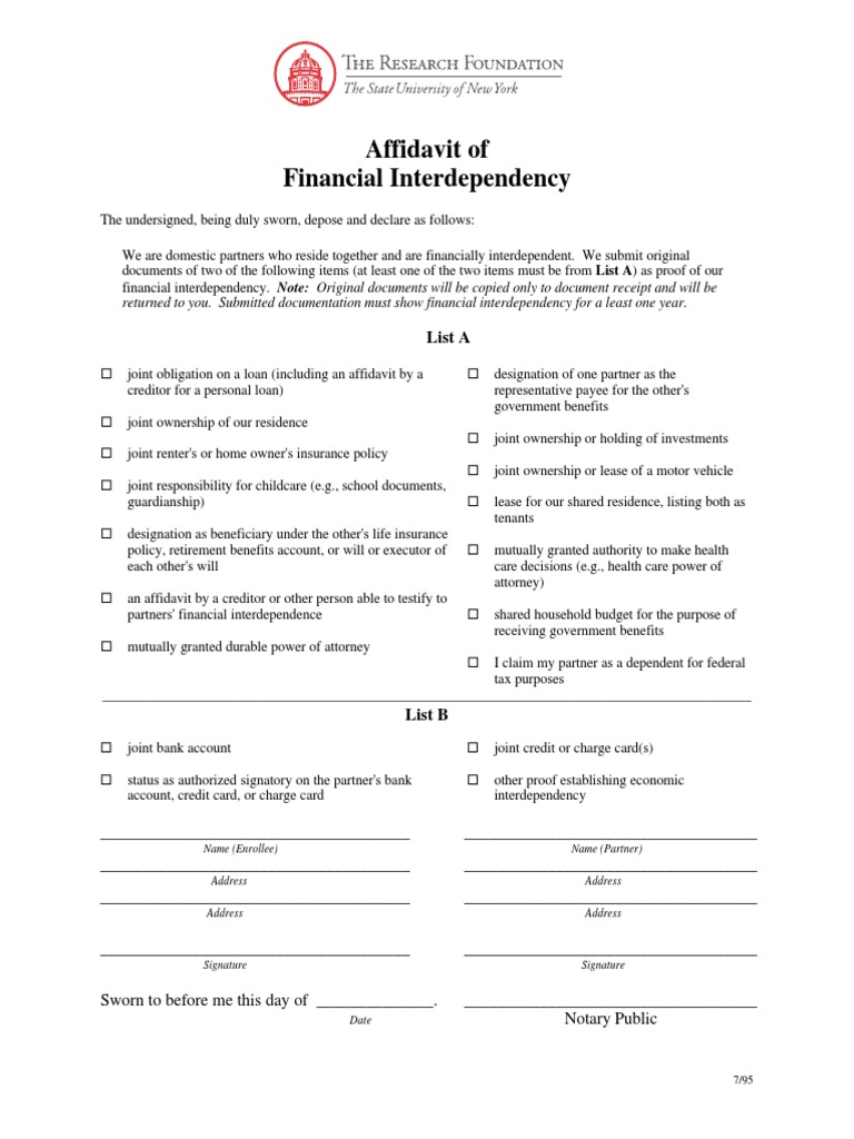 Affidavit Financial Interdependency PDF | PDF