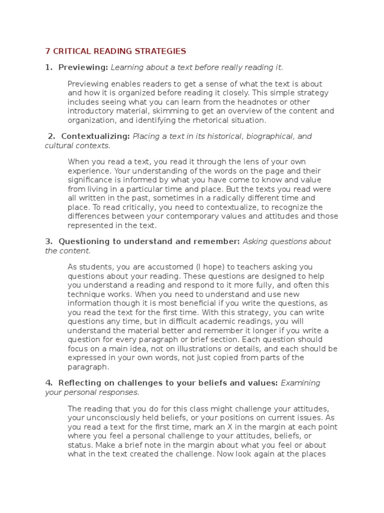 7 Critical Reading Strategies Explained | PDF | Reading Comprehension ...