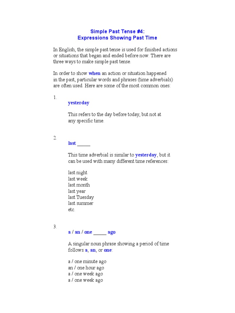 Simple Past Tense Time Adverbials | PDF