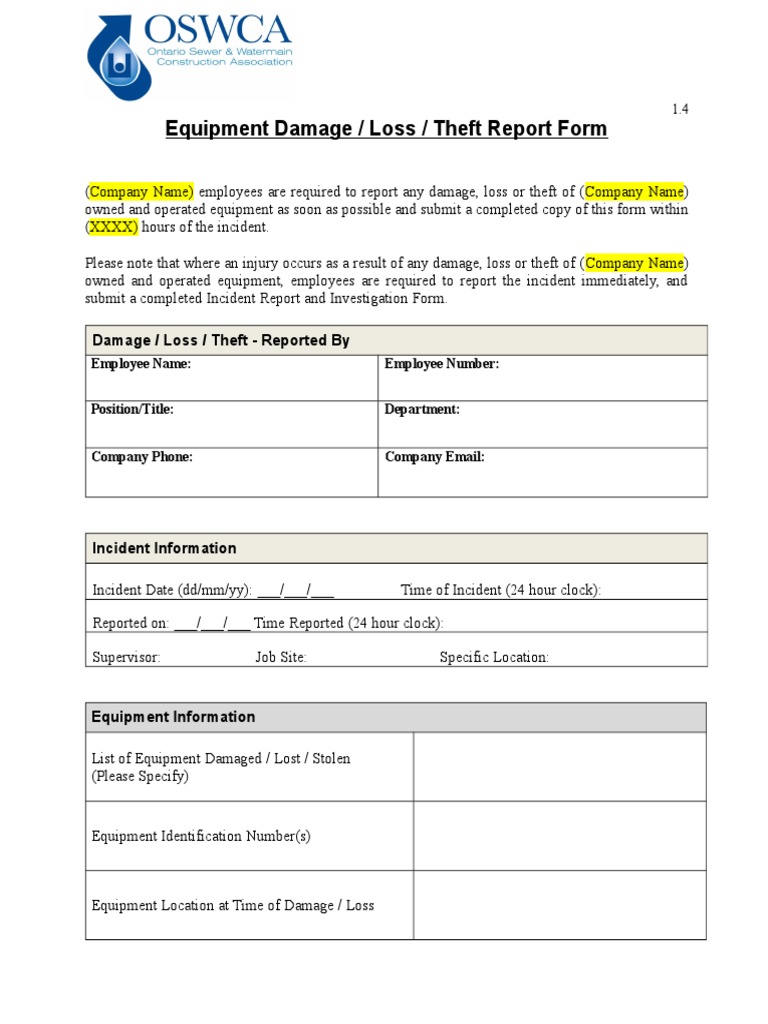 Equipment Damage Report Form | PDF