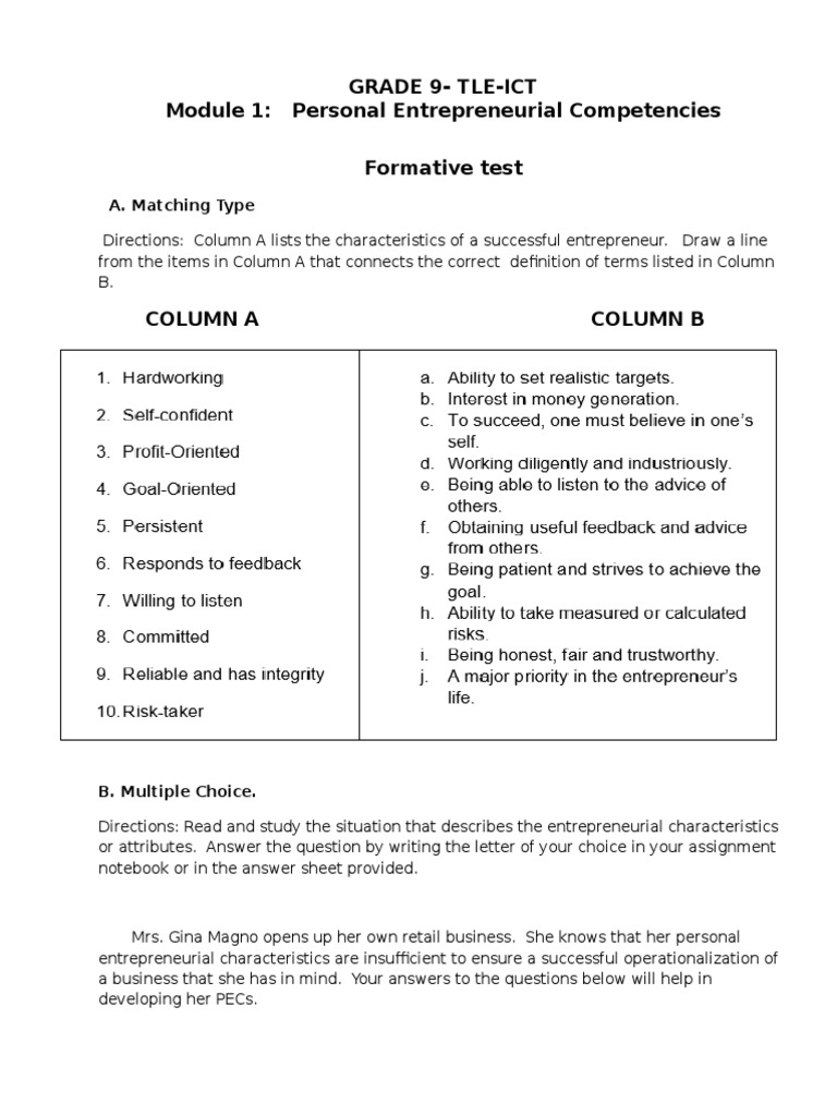 Grade 9-Tle-Ict Module 1: Personal Entrepreneurial Competencies ...