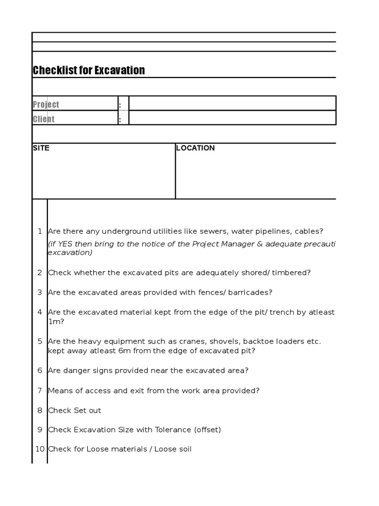 Excavation Safety Checklist Guide | PDF