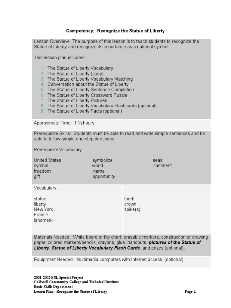 Lessonplan Recognize The Statue of Liberty | PDF | Vocabulary | Human ...