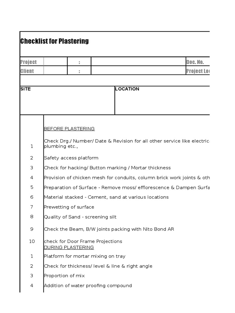 Checklist for Plastering