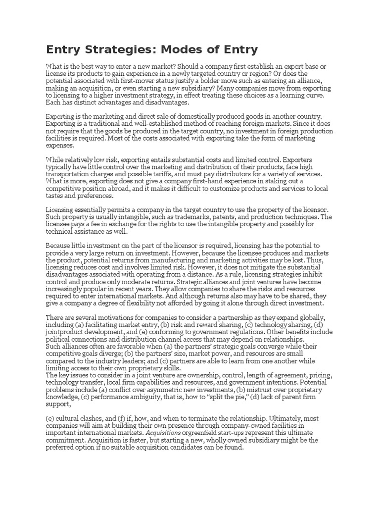 Entry Strategies: Modes of Entry | PDF | Exports | License