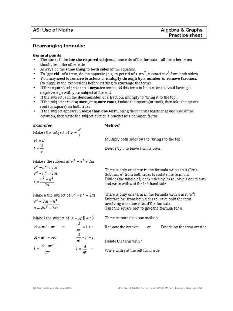 AS: Use of Maths Algebra & Graphs Practice Sheet Rearranging Formulae ...