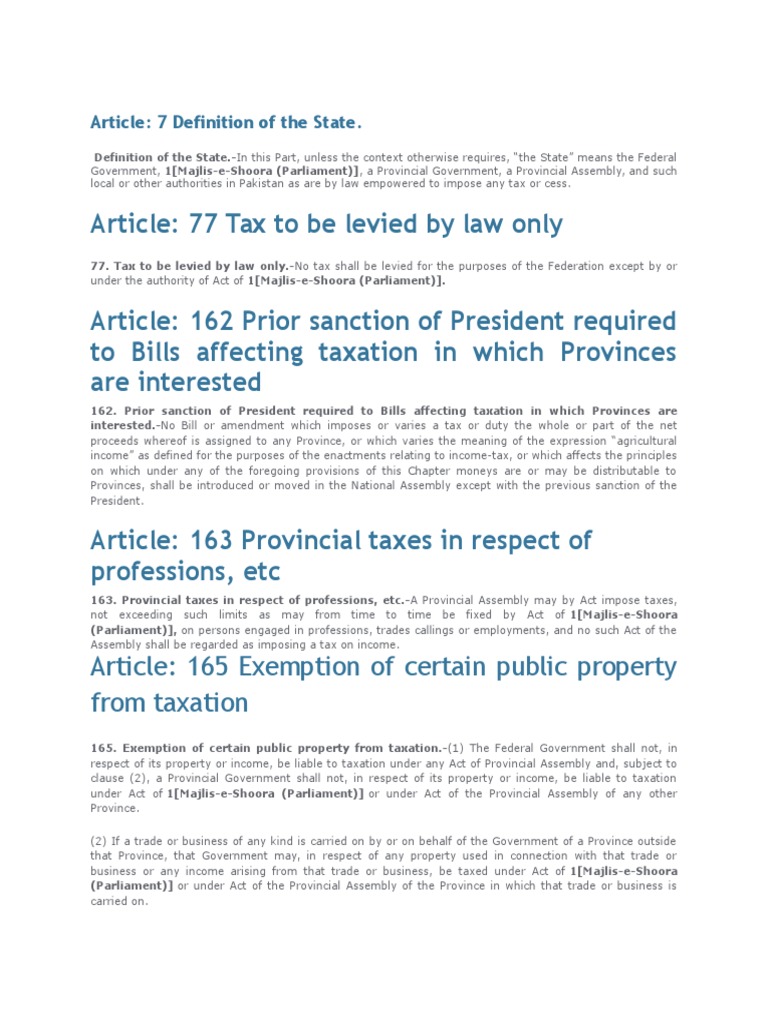 Article: 77 Tax To Be Levied by Law Only: Article: 165 Exemption of ...