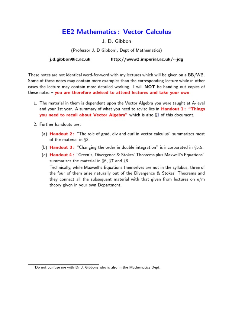 EE2 Mathematics: Vector Calculus: J. D. Gibbon | PDF | Maxwell's ...