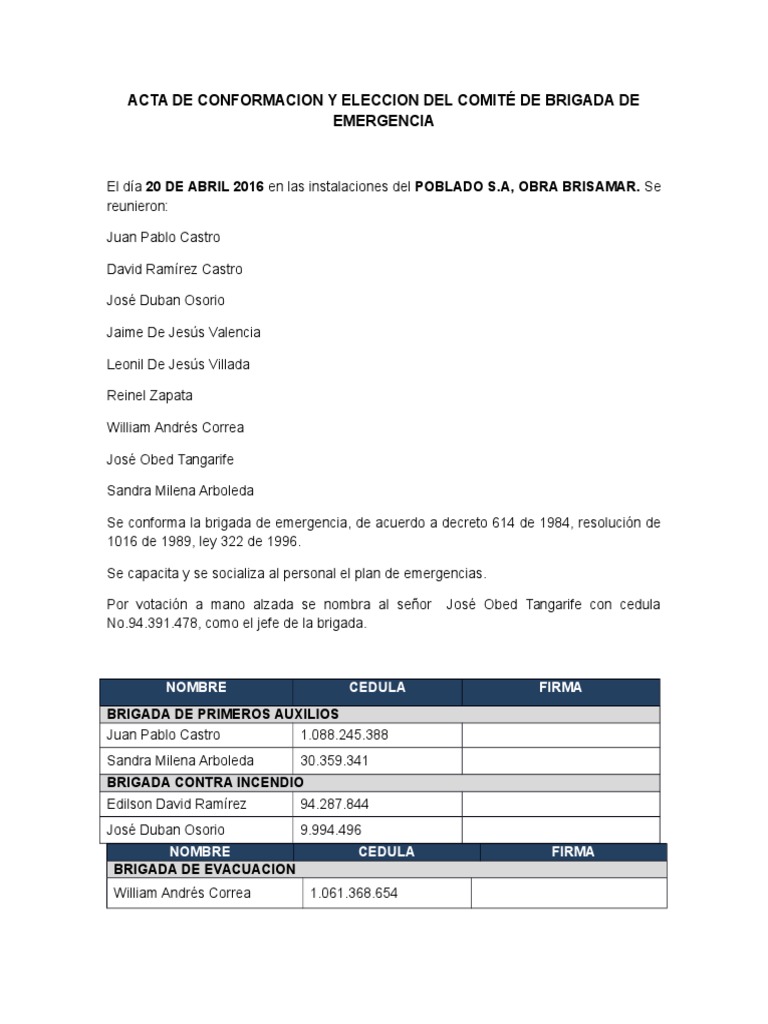Acta De Conformacion Y Eleccion Del Comité De Brigada De Emergencia