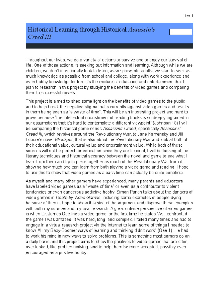 Historical Learning Through Historical: Assassin's Creed III | PDF