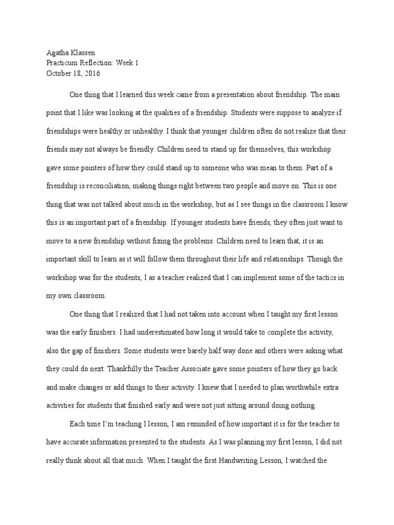 Week 1 Practicum Reflection | PDF | Teaching | Cognition