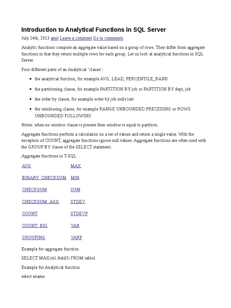 SQL Server Analytical Functions | PDF | Data Management Software | Databases