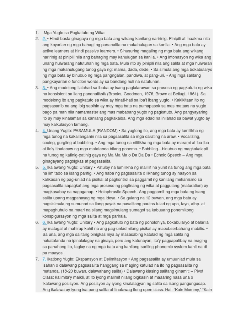 Mga Yugto Sa Pagkatuto NG Wika | PDF