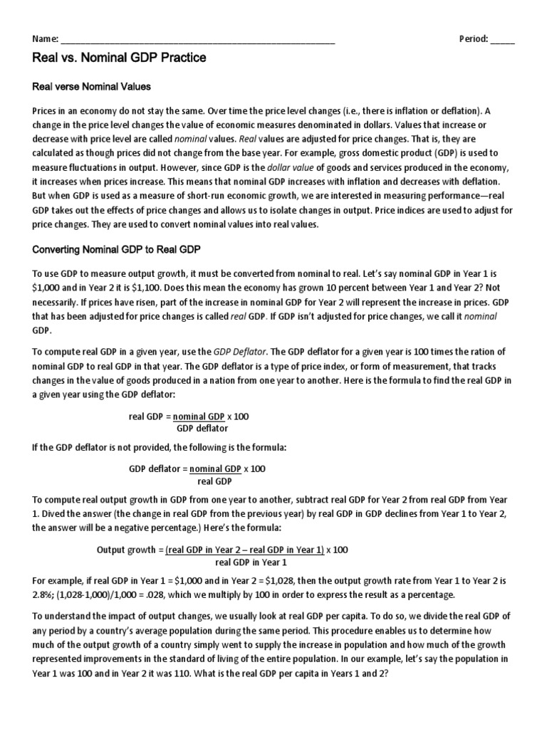 Real Vs Nominal GDP Practice | PDF | Real Versus Nominal Value (Economics) | Real Gross Domestic ...