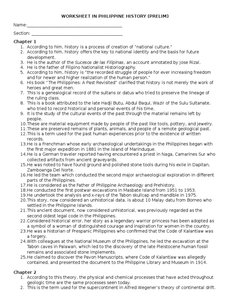 Worksheet in Philippine History (Prelim) | PDF