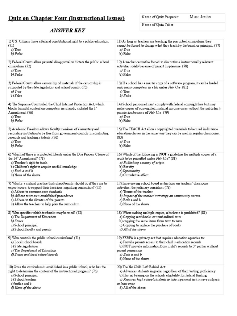 Quiz On Chapter Four (Instructional Issues) : Answer Key | PDF | Fair ...
